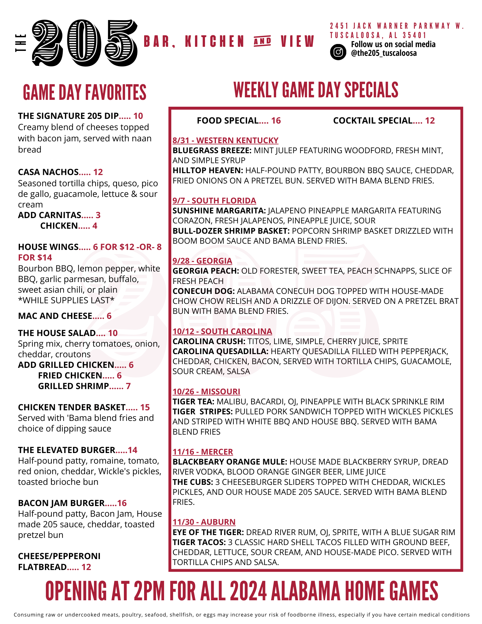 The 205 Restaurant & Bar | GAMEDAY SPECIALS - The 205 Restaurant & Bar