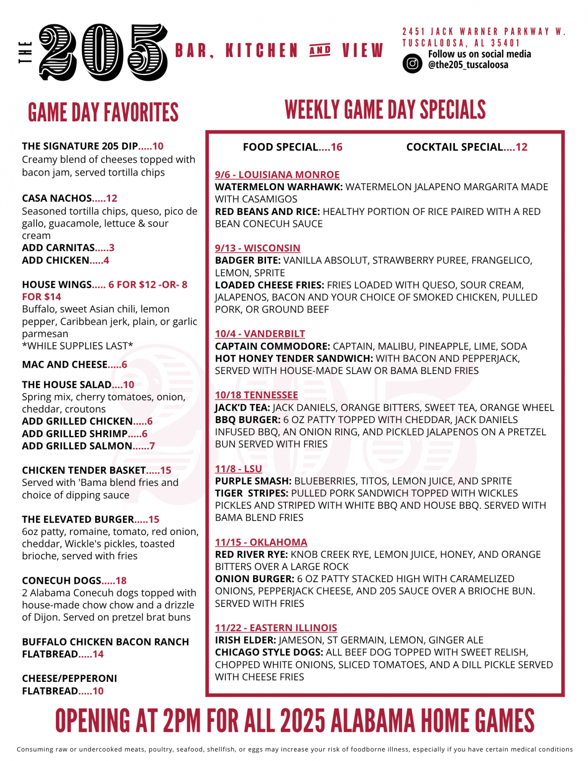 The 205 Restaurant & Bar | 2025 Football Menu - The 205 Restaurant & Bar